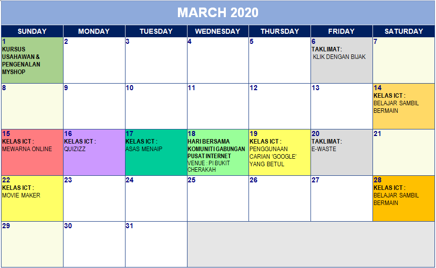 Jadual Aktiviti Mac 2020 – NADI Taman Saujana Utama